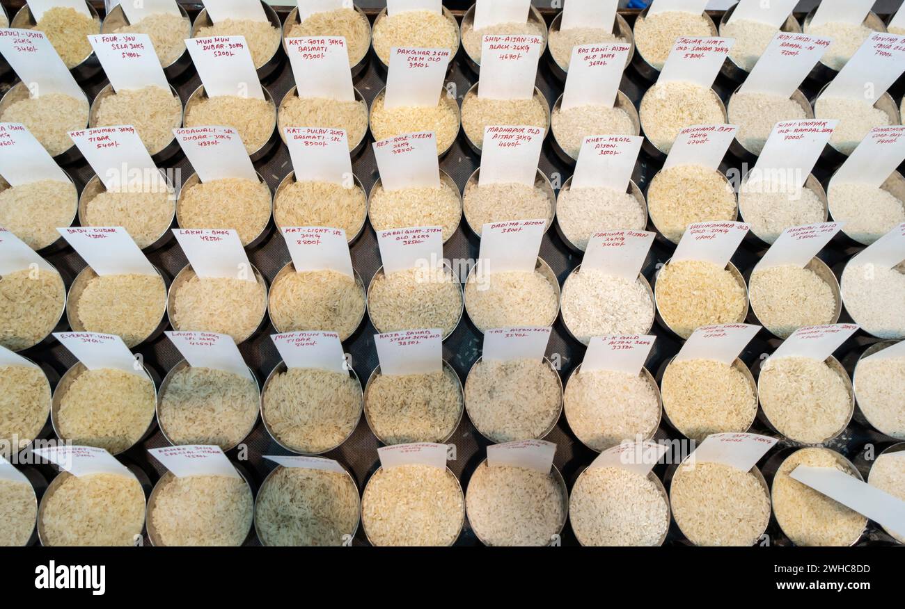 Samples of pulses kept on display inside a shop at a wholesale market ...