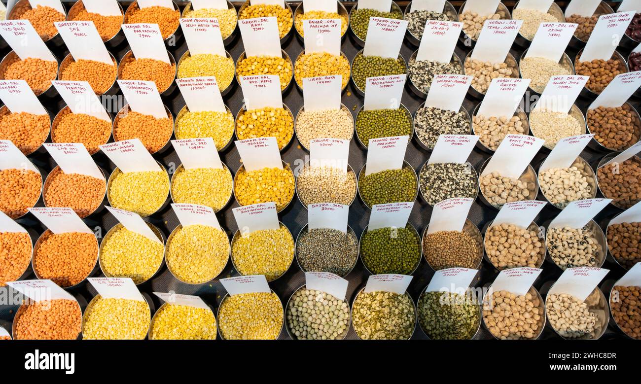 Samples of pulses kept on display inside a shop at a wholesale market ...