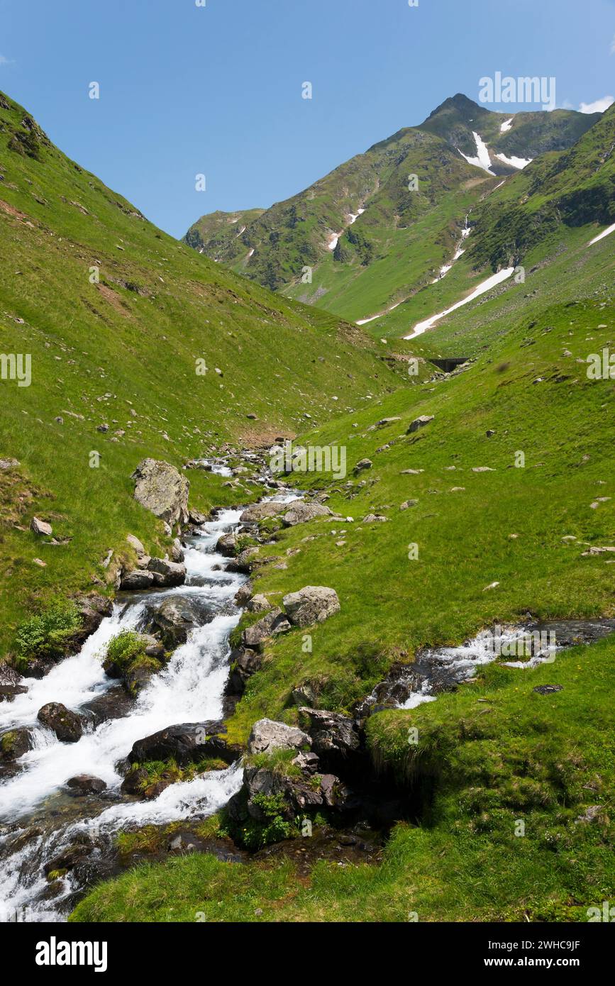A torrent meanders through green hills and rocky landscapes, Capra ...