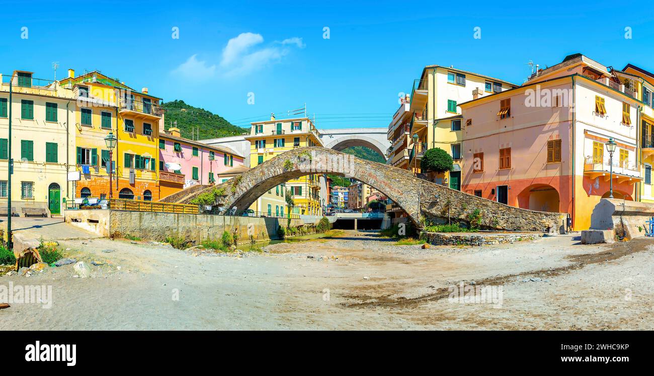 View of Bogliasco in summer with beautiful sea, sky and colorful ...