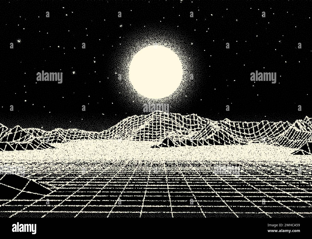 Retro dotwork landscape with 80s styled sun, grid mountains and stars ...