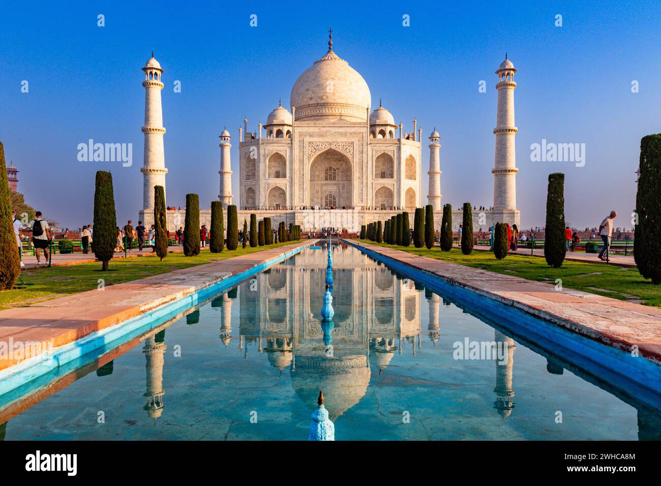 The sublime Taj Mahal is reflected in a long pool of water under a blue ...
