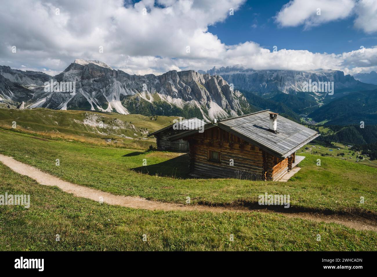 Hats for resting during the hike on Seceda plateau in Dolomites Alps ...