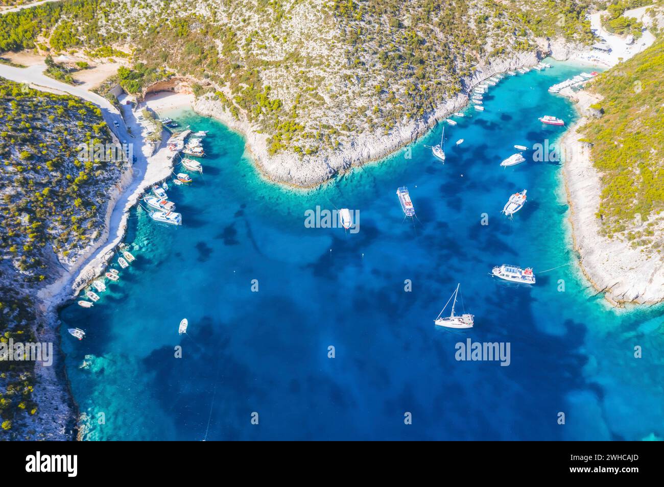 Aerial view of Porto Vromi with many fisher and tourist pleasure boats ...