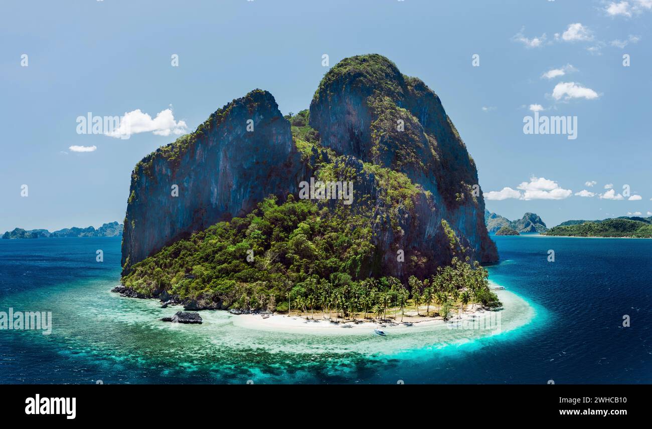 Aerial drone view of tropical Pinagbuyutan Island and ipil beach in ...