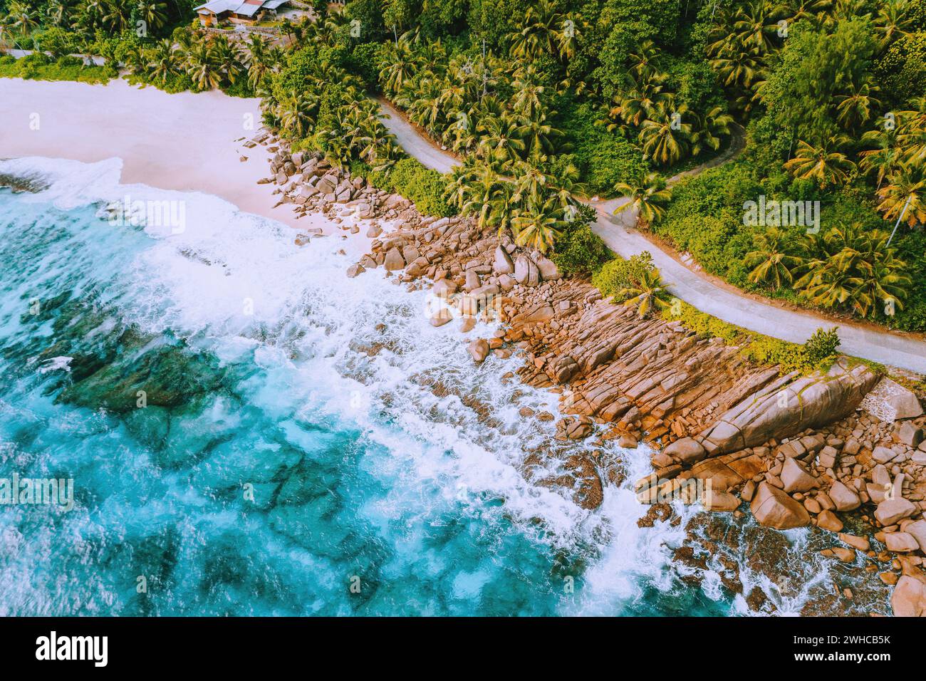 Aerial view of beautiful secluded beach on Mahe island at Seychelles ...