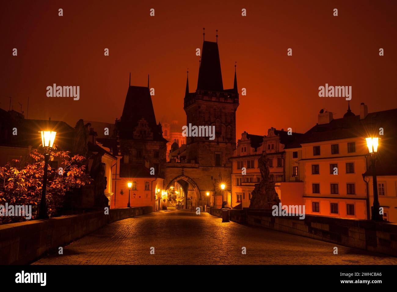 Lesser Town Bridge Tower at 4 o'clock in the morning. Charles Bridge in ...