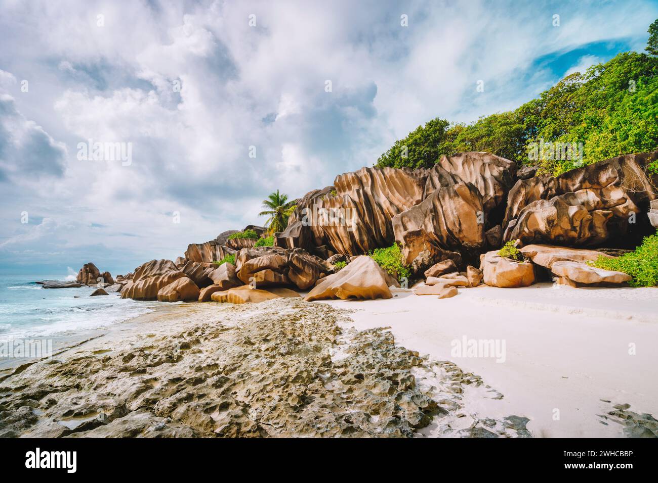 Grand Anse beach at La Digue island in Seychelles. Most famous granite ...