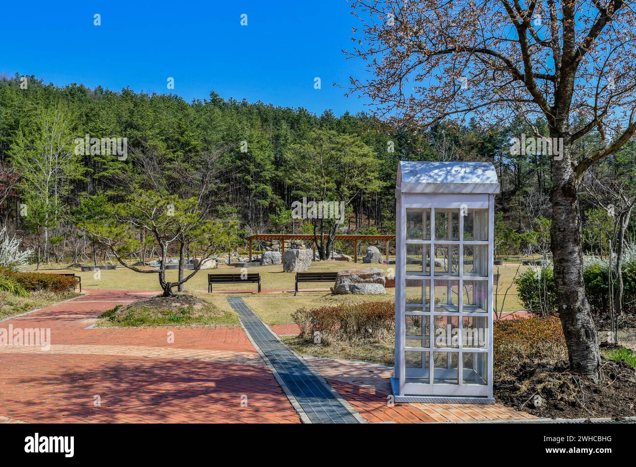 White wooden box with square windows under tree in public park Stock ...