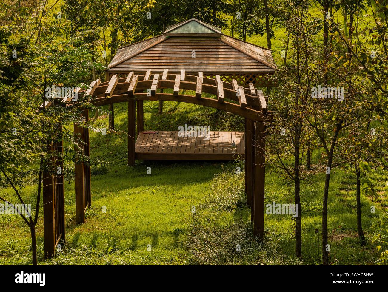 Wooden trellis in front of covered picnic pavilion in wilderness park ...