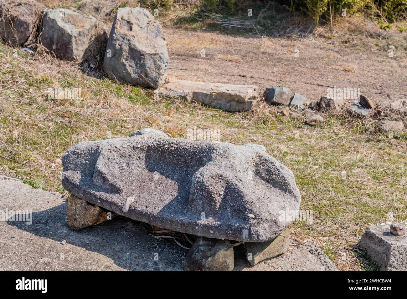 Ancient capstone excavated at ruins of stone fortress in Yeosu, South ...
