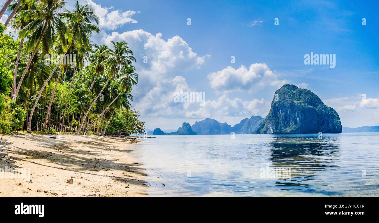 Landscape of El Nido. Sandy Beach with Huge Rock, Palawan island ...