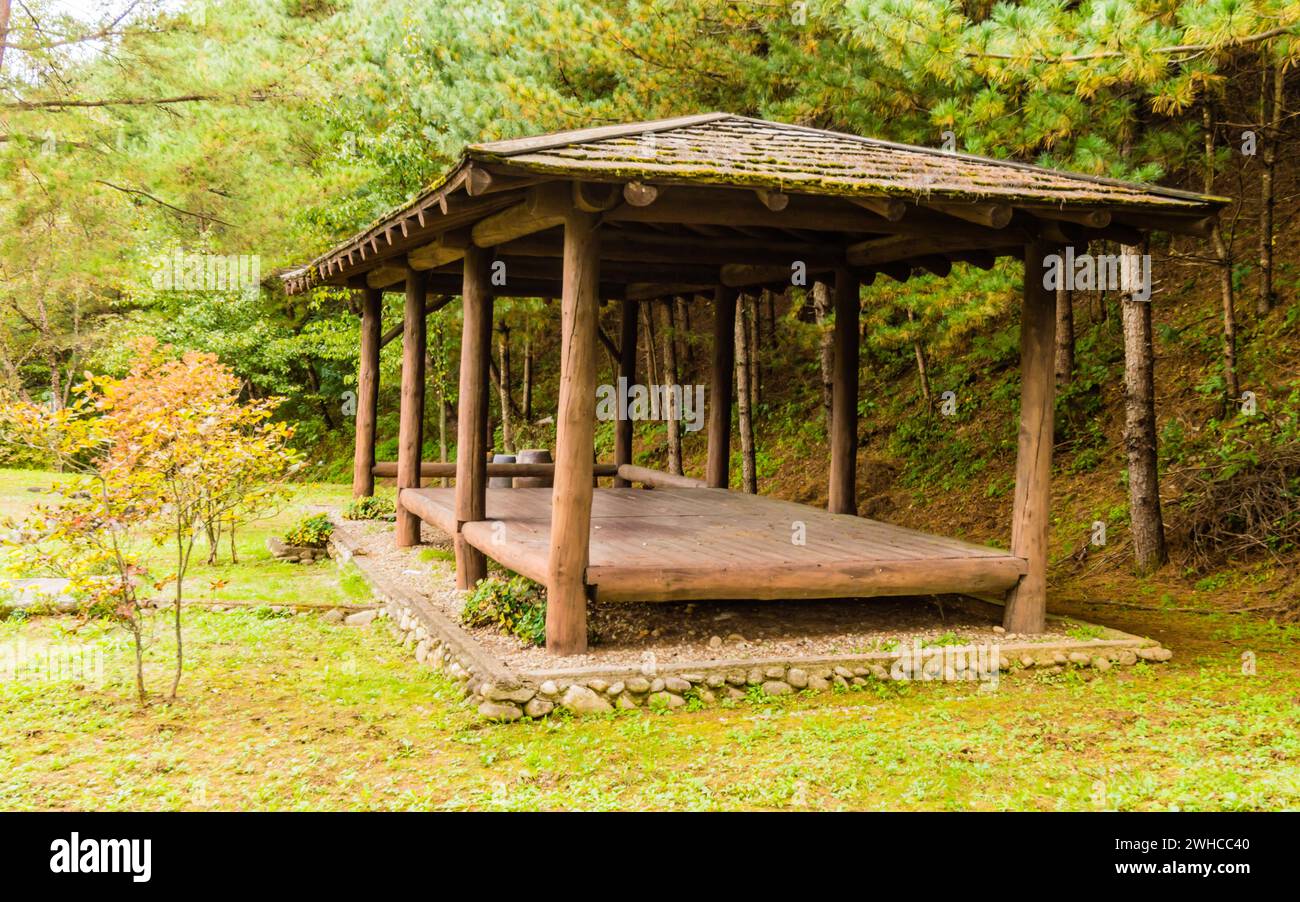 Covered rest area in a countryside park shaded by evergreen trees in ...