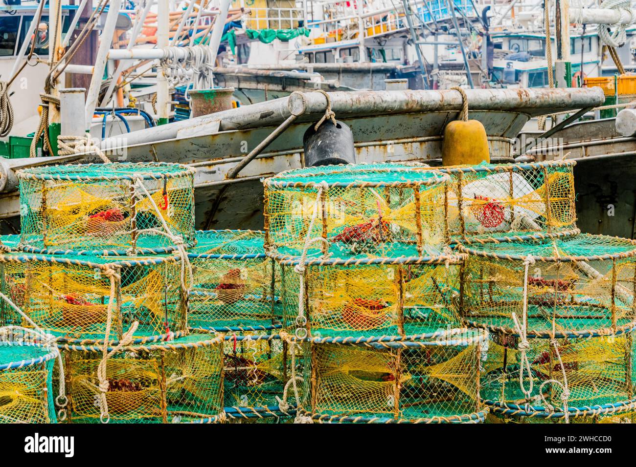 Closeup of large yellow and blue crab cages used to bait, lure, and catch crabs for commercial ...