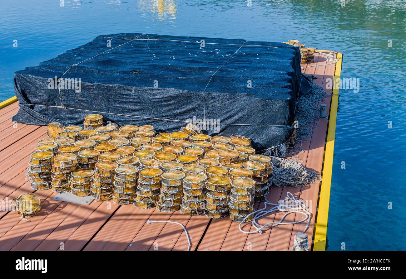 Round lobster traps stacked on floating dock at ocean port in Yeosu ...