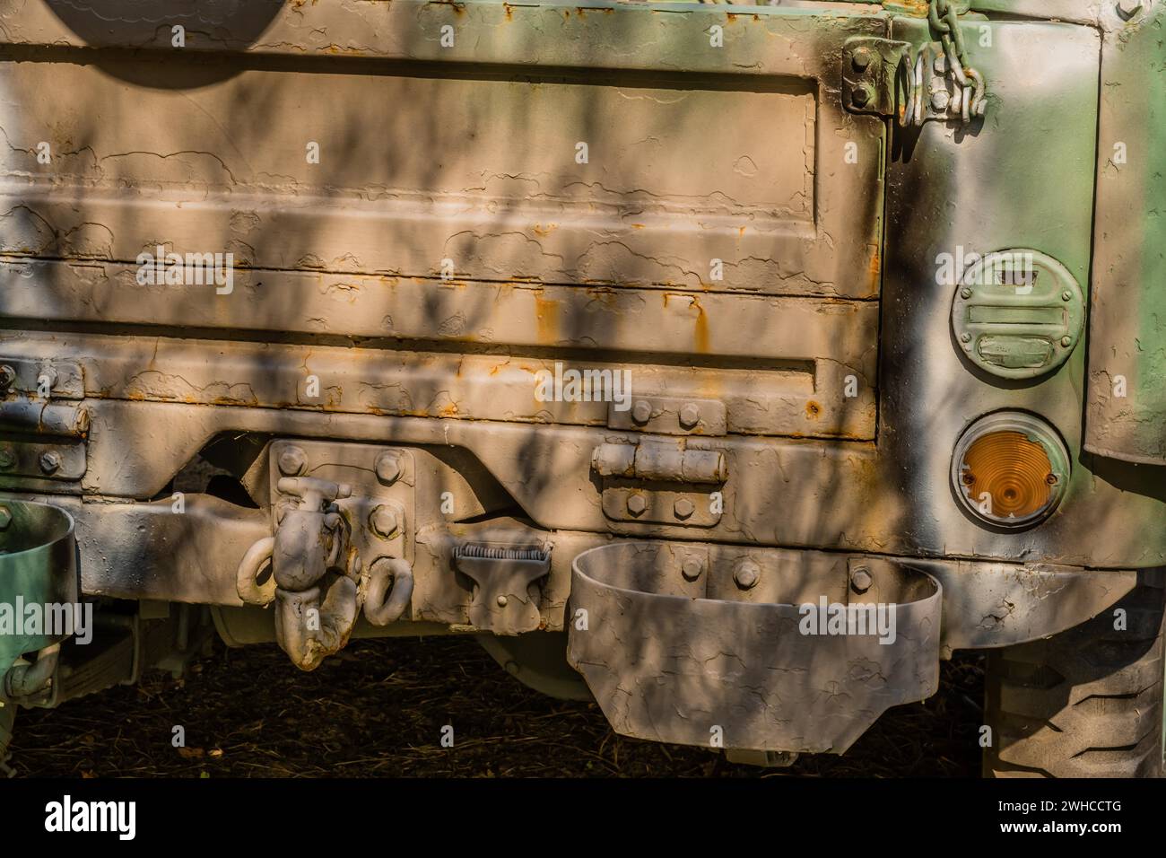 Rear view of tailgate of military vehicle on display in public park ...