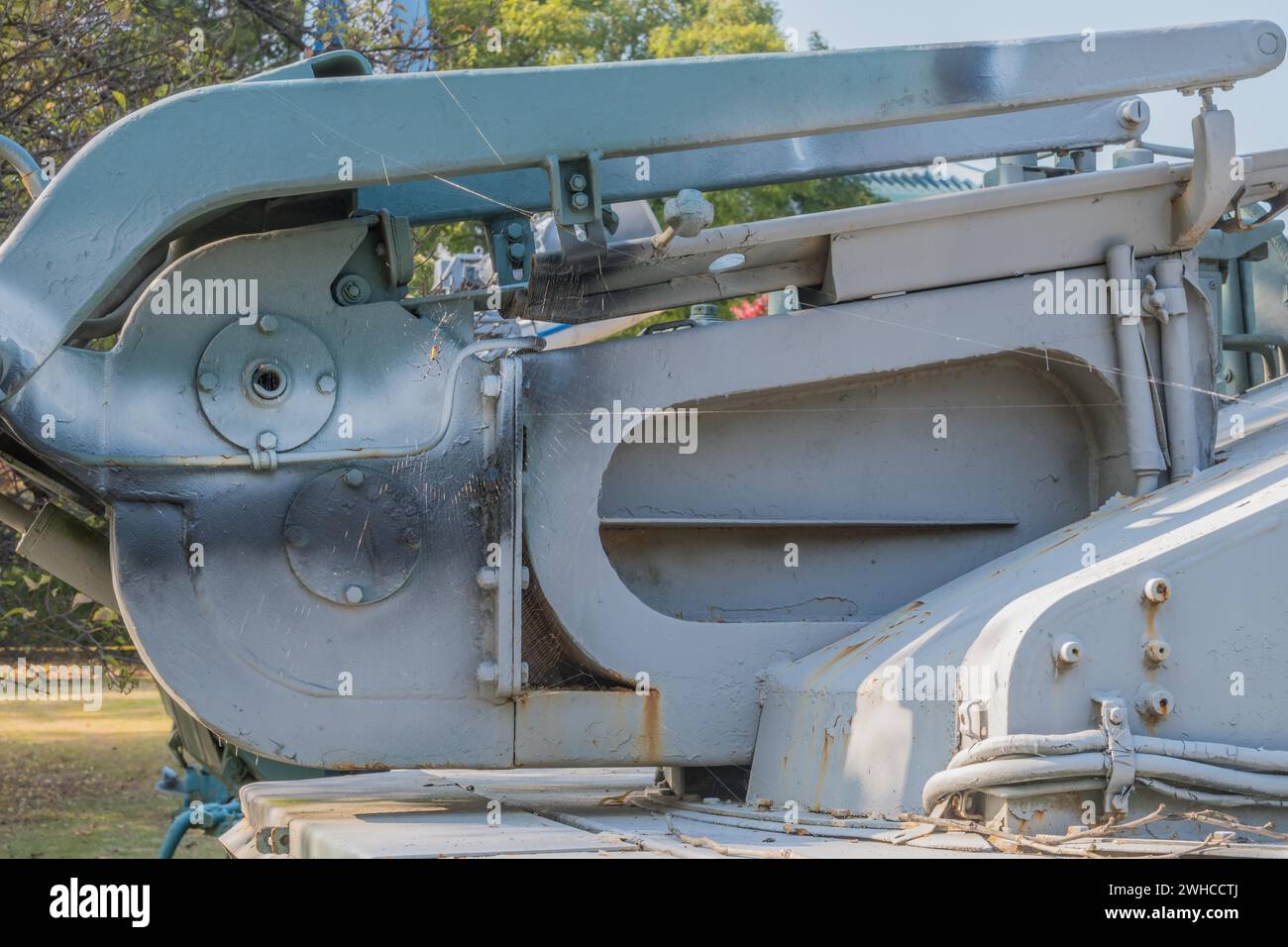 Shell loading tray assembly on military armored vehicle on display in public park Stock Photo ...