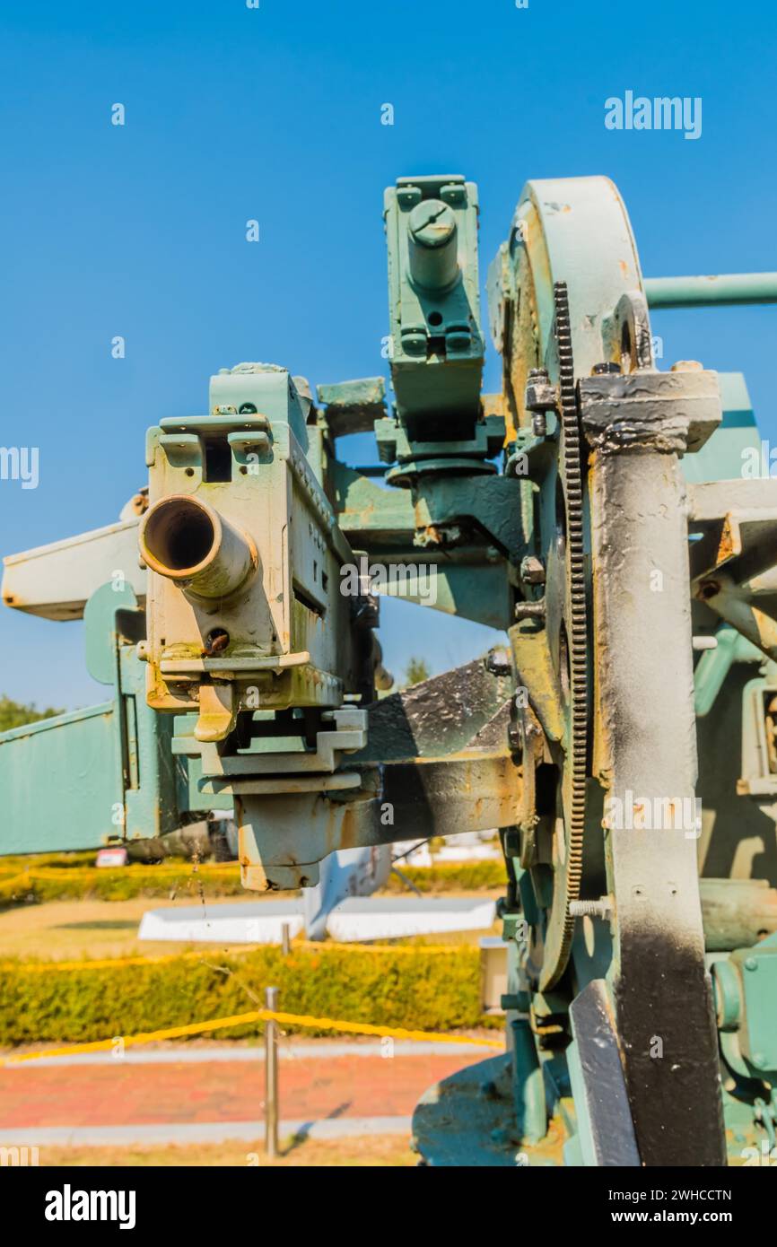 Rear view of two of four machine guns on military quadmount turret on ...