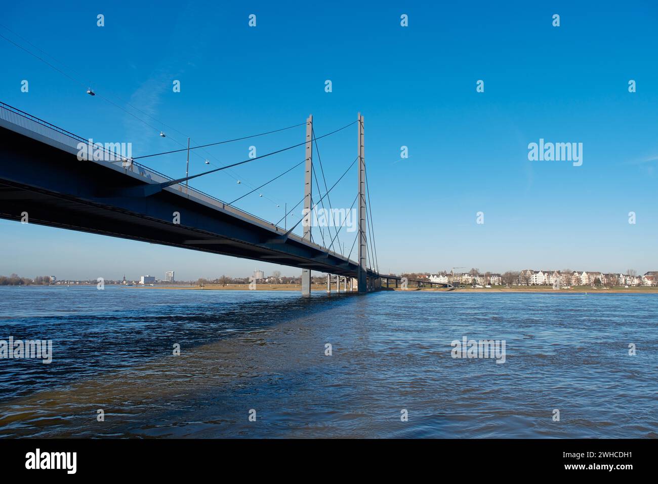 View over the Rhine with Rheinkniebruecke, behind it Oberkassel ...