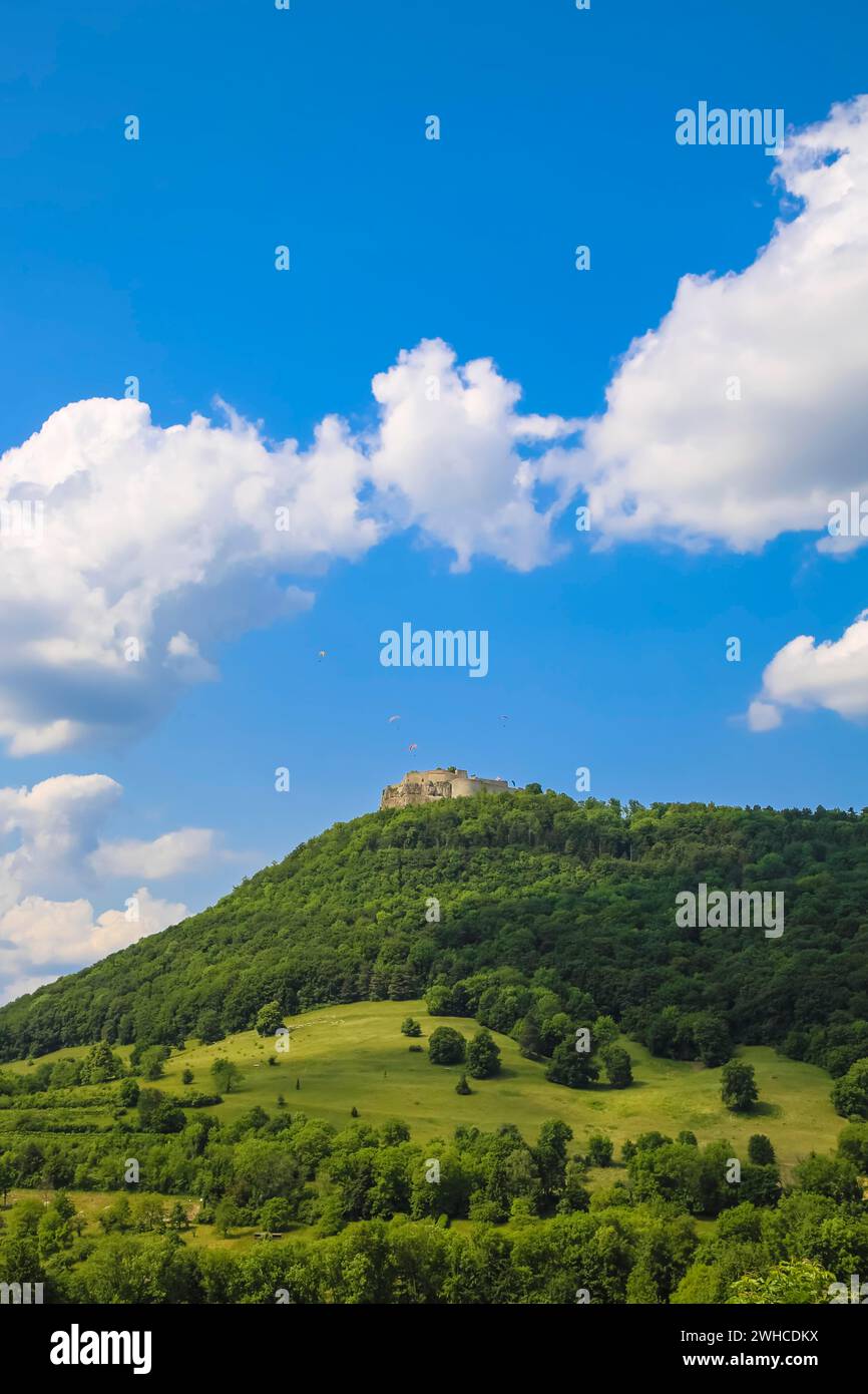Hohenneuffen Castle, high medieval castle ruins of a large hilltop ...