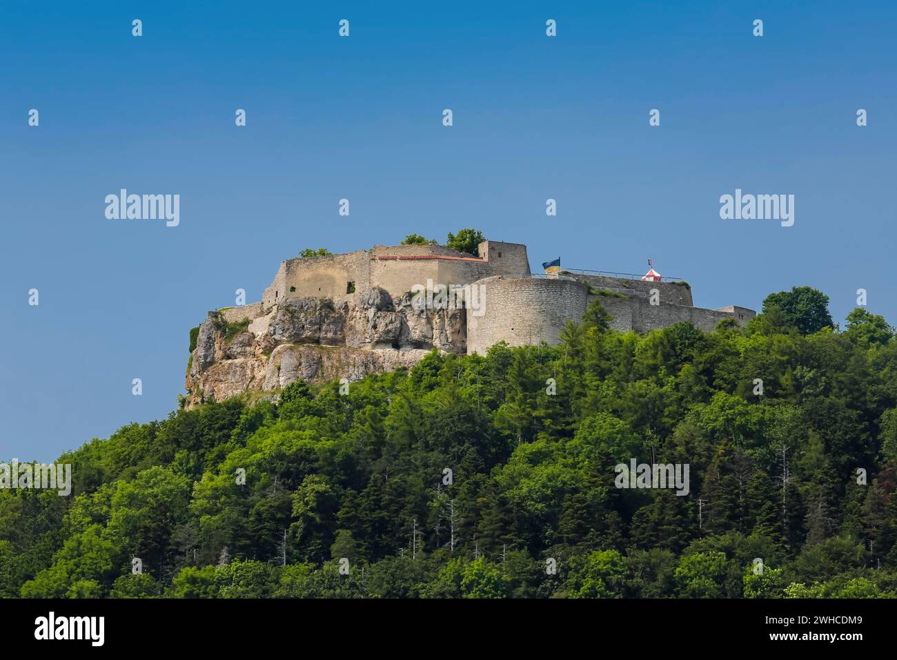 Hohenneuffen Castle, high medieval castle ruins of a large hilltop ...