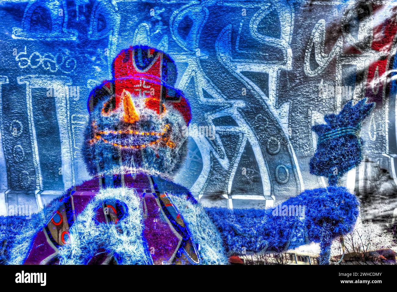 Snowman with hat, carrot nose, broom, top hat, scarf, illuminated art ...