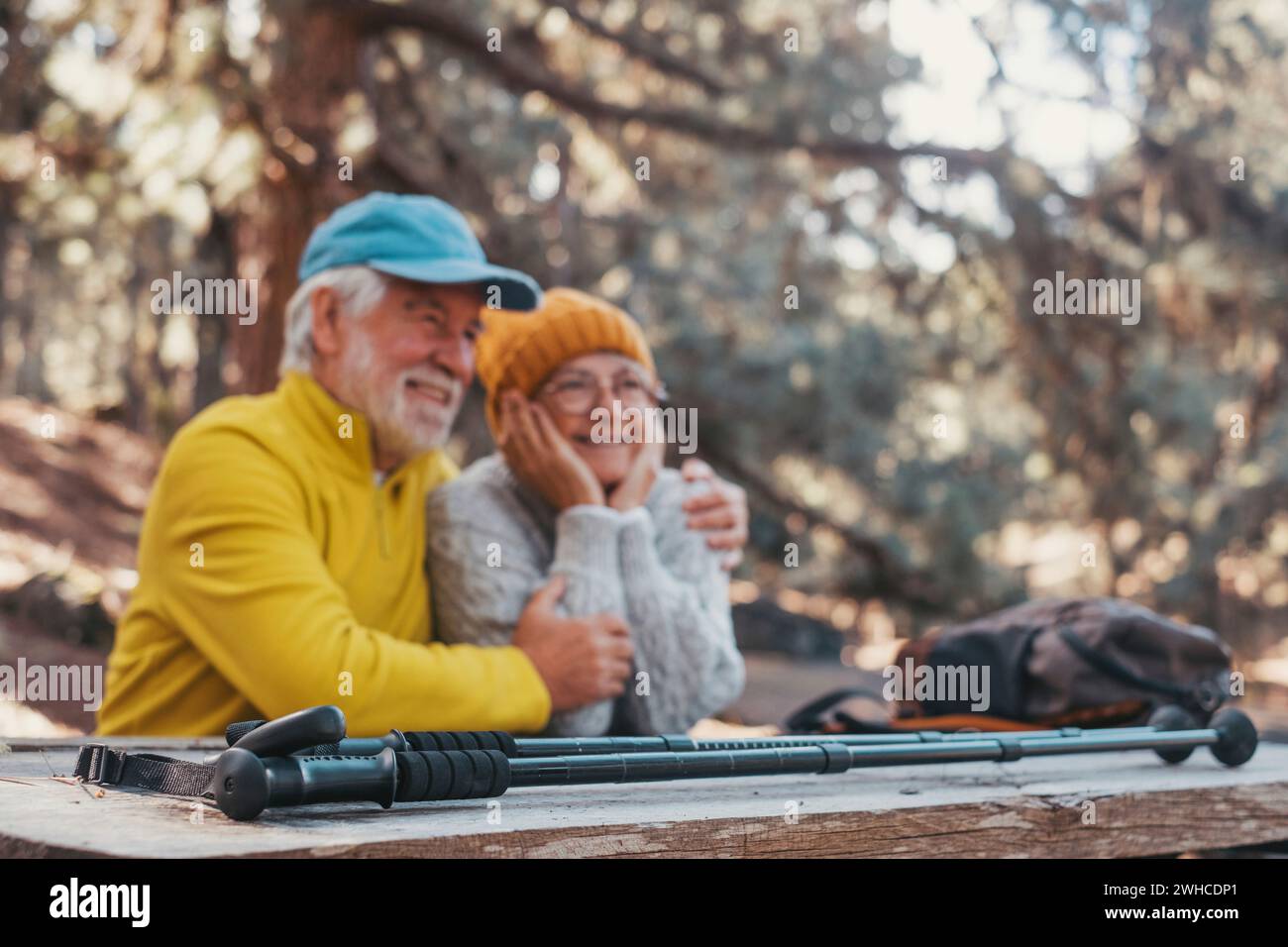 Portrait, close up of cute couple of old middle age people having fun ...