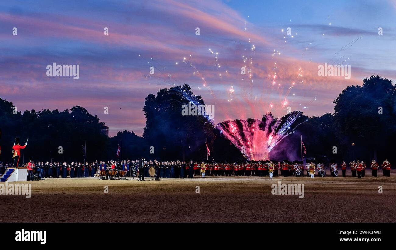 Massed bands and fireworks photographed during the Household Division ...