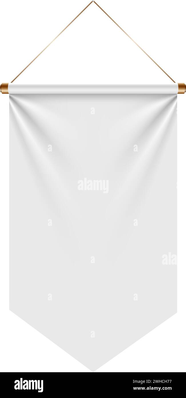 white banner made of metal hangs symmetrically from a rope on a white ...