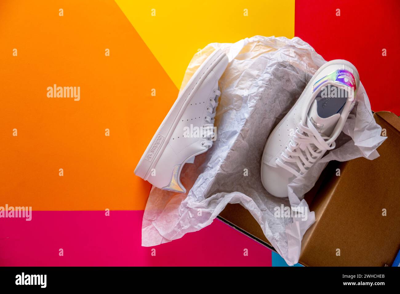 NEW YORK, USA - JANUARY 30, 2024: Adidas Sign On Adidas Shoe Box in ...