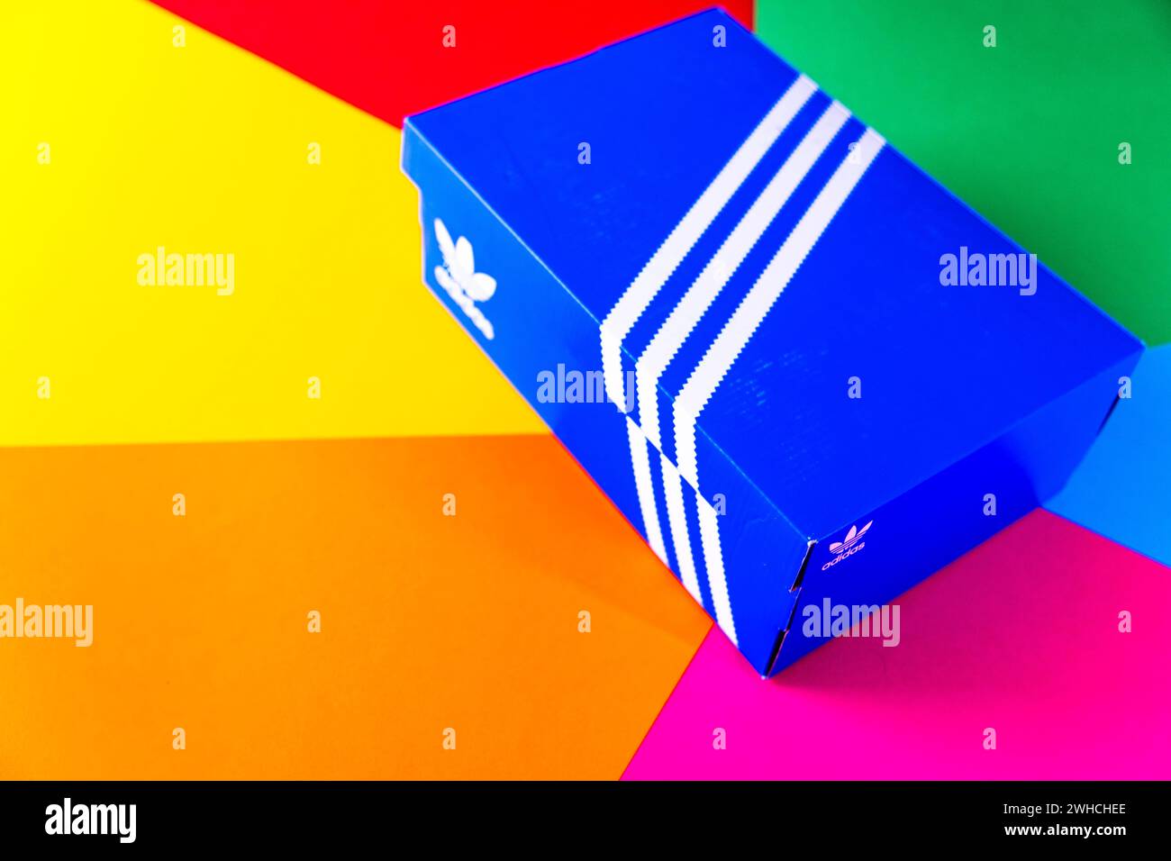 NEW YORK, USA - JANUARY 30, 2024: Adidas Sign On Adidas Shoe Box in ...