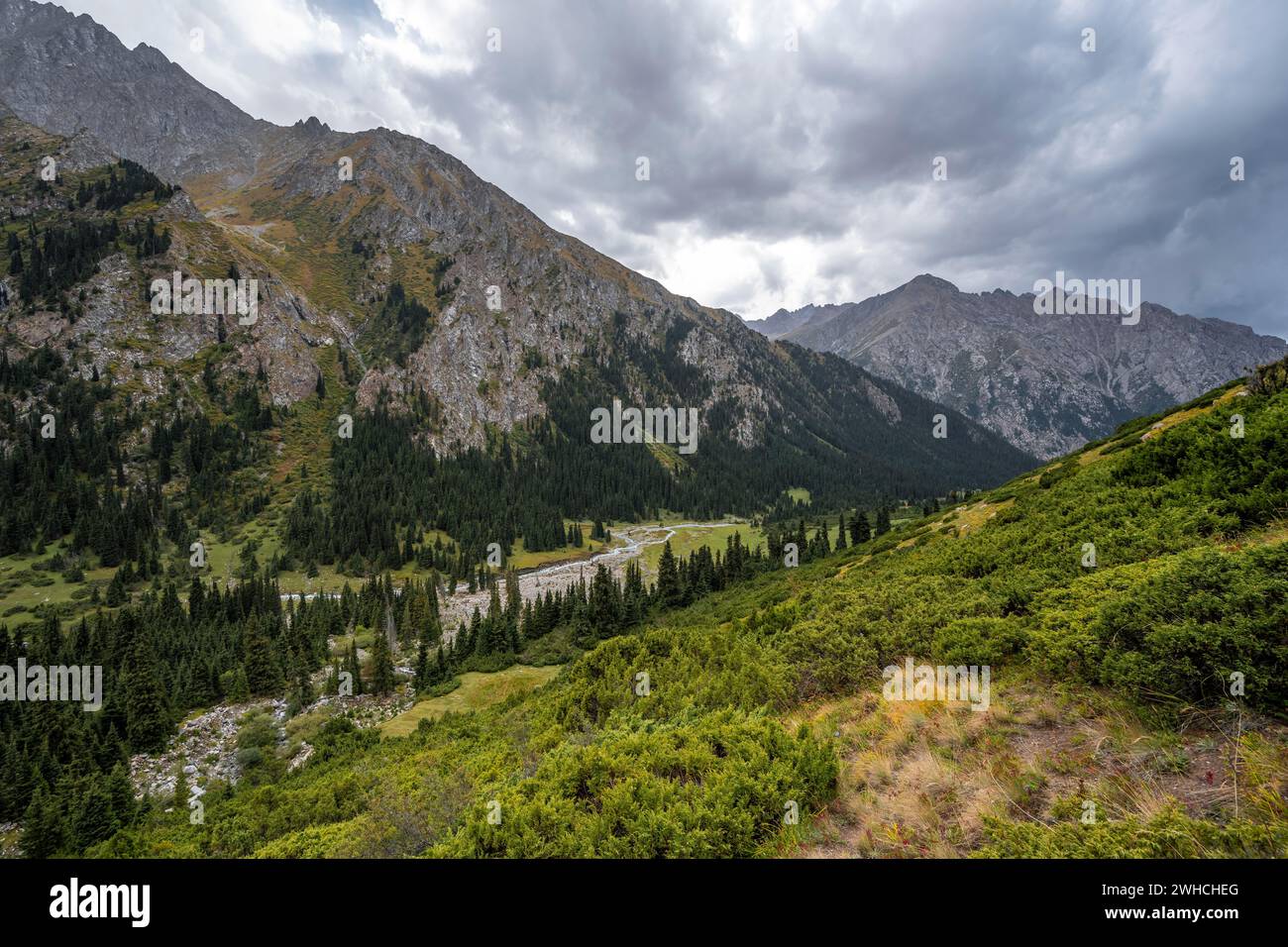Green mountain valley with river and steep mountain peaks, Chong Kyzyl ...