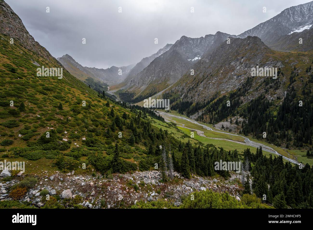 Green mountain valley with river and steep mountain peaks, Chong Kyzyl ...