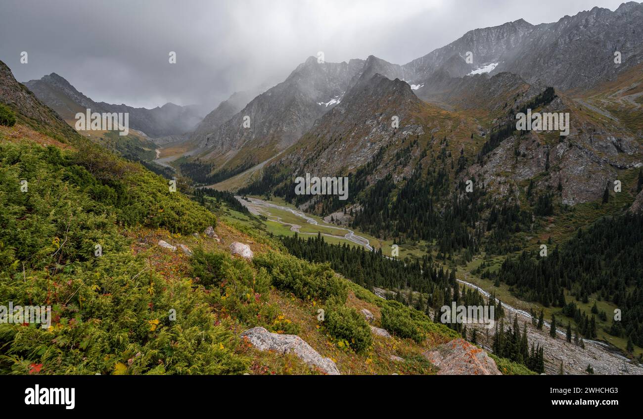 Green mountain valley with river and steep mountain peaks, Chong Kyzyl ...
