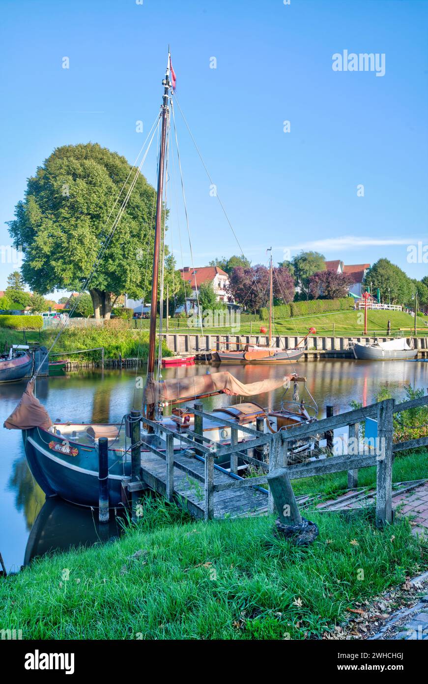 Museum harbor, dike, reflection, tourism, Carolinensiel, East Frisia ...