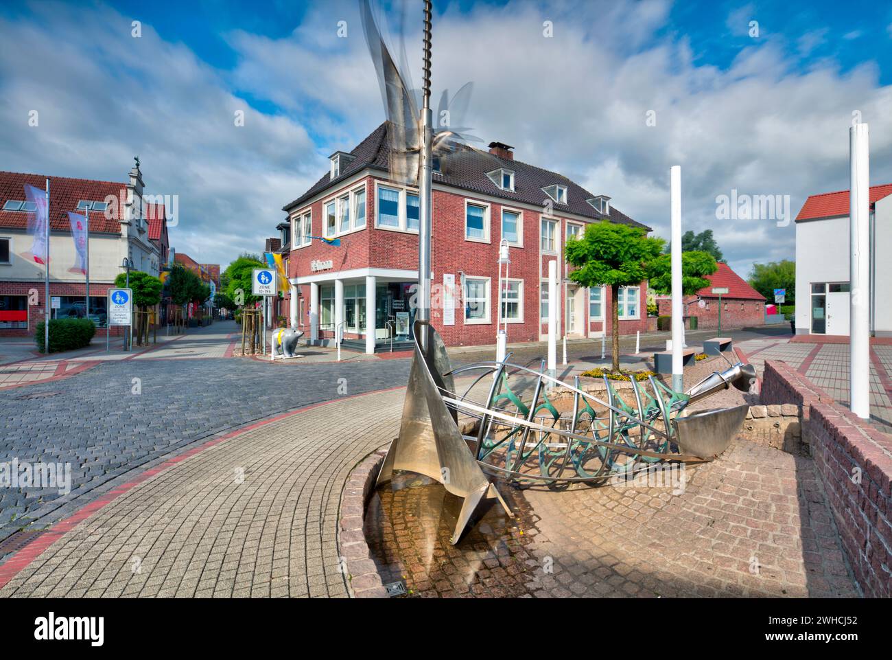 Tidal fountain, market square, view of town, architecture, Esens, East ...