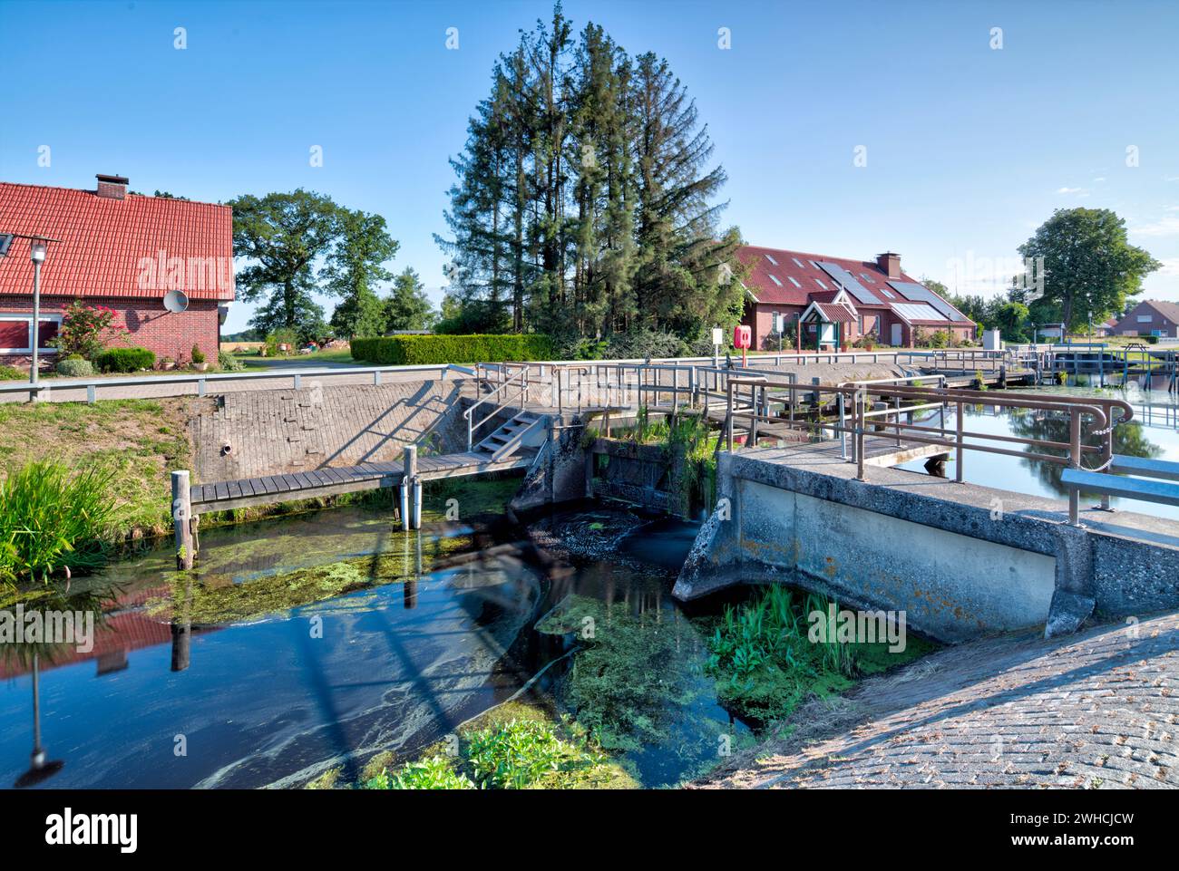 Lock system, German Fehn Route, Fehn Canal, View of a town ...
