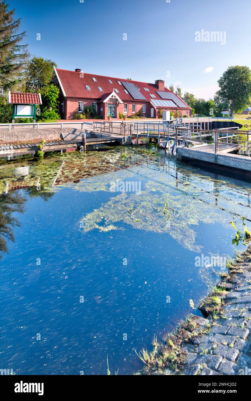Lock system, German Fehn Route, Fehn Canal, View of a town ...