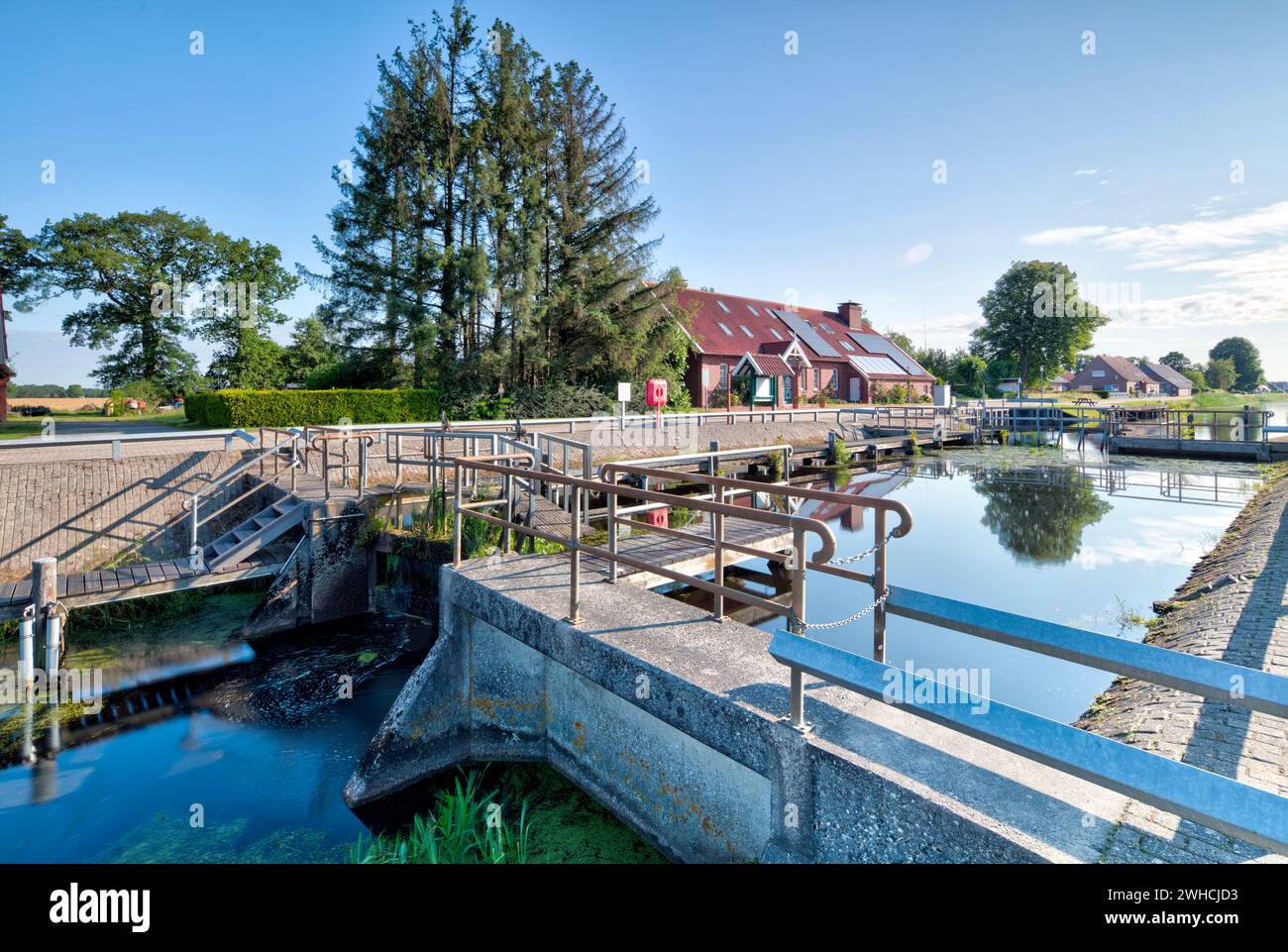 Lock system, German Fehn Route, Fehn Canal, View of a town ...