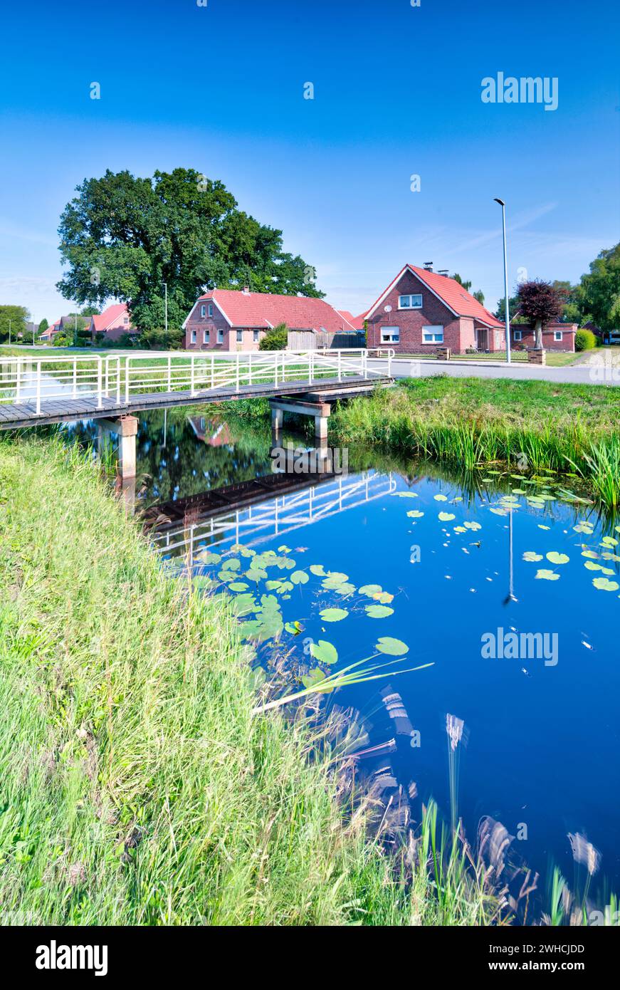German Fehnroute, Fehnkanal, view of a village, architecture, East ...