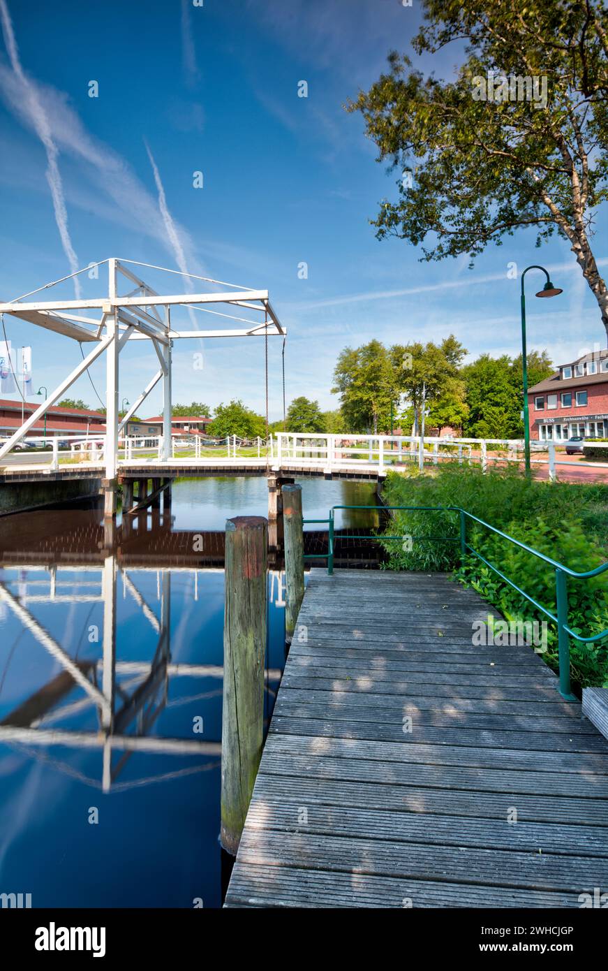 German Fehnroute, bascule bridge, Fehnkanal, view of the town ...