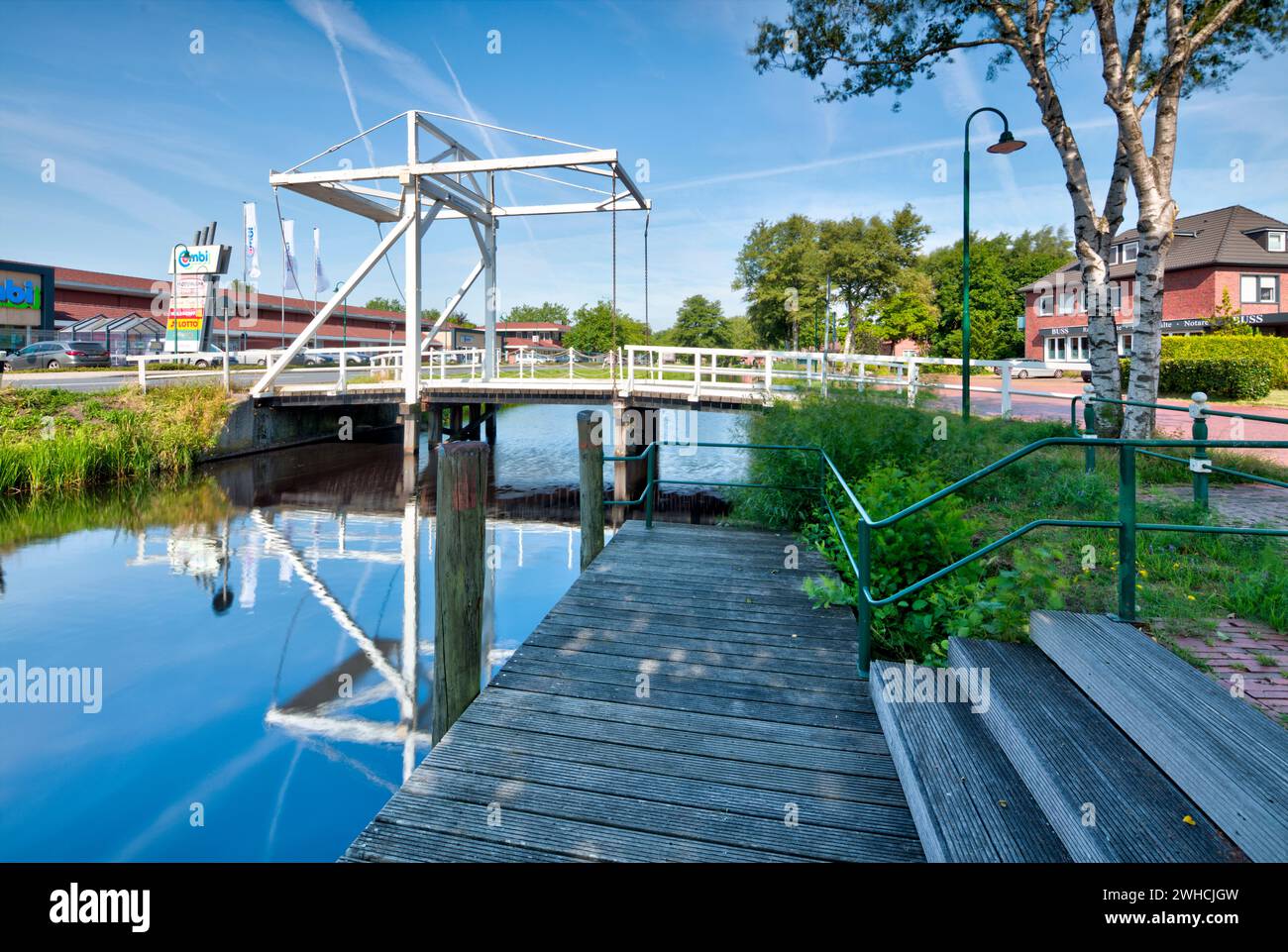 German Fehnroute, bascule bridge, Fehnkanal, view of the town ...