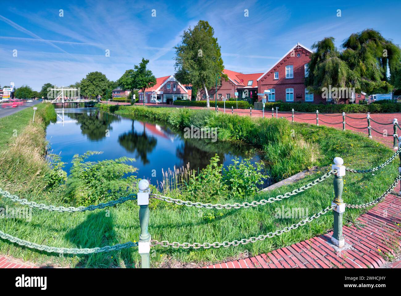 German Fehnroute, bascule bridge, Fehnkanal, view of the town ...
