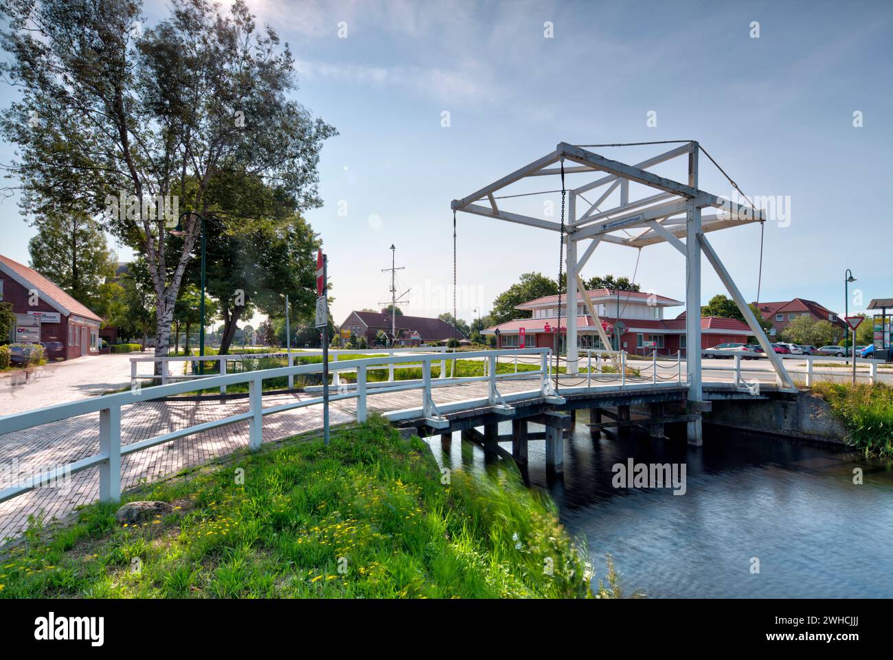 German Fehnroute, bascule bridge, Fehnkanal, view of town, architecture ...