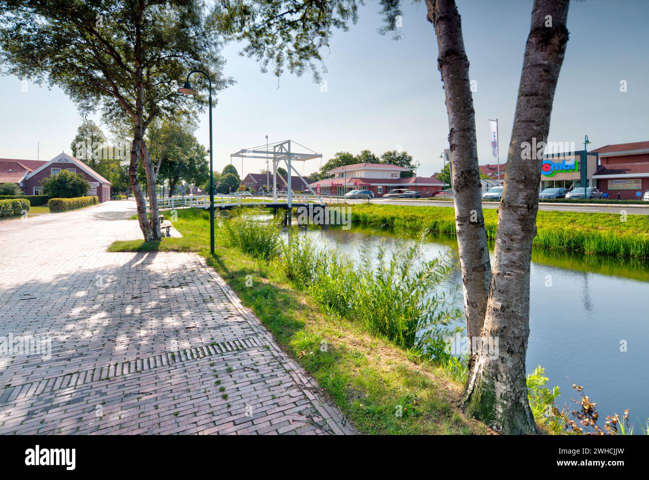 German Fehnroute, bascule bridge, Fehnkanal, view of the town ...