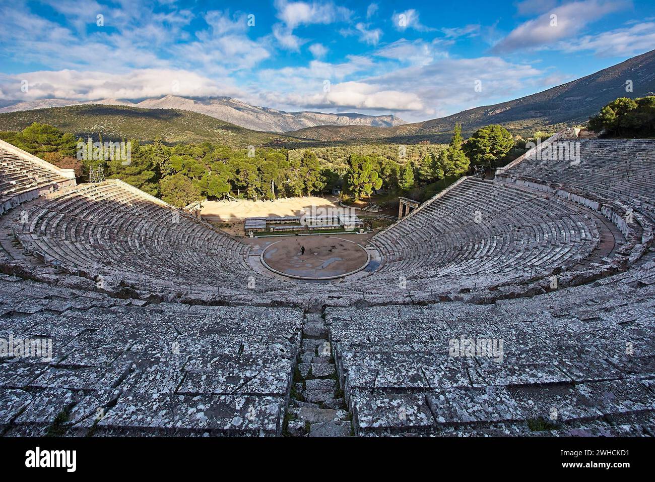 Ancient amphitheatre casts shadows on the stone structure with ...