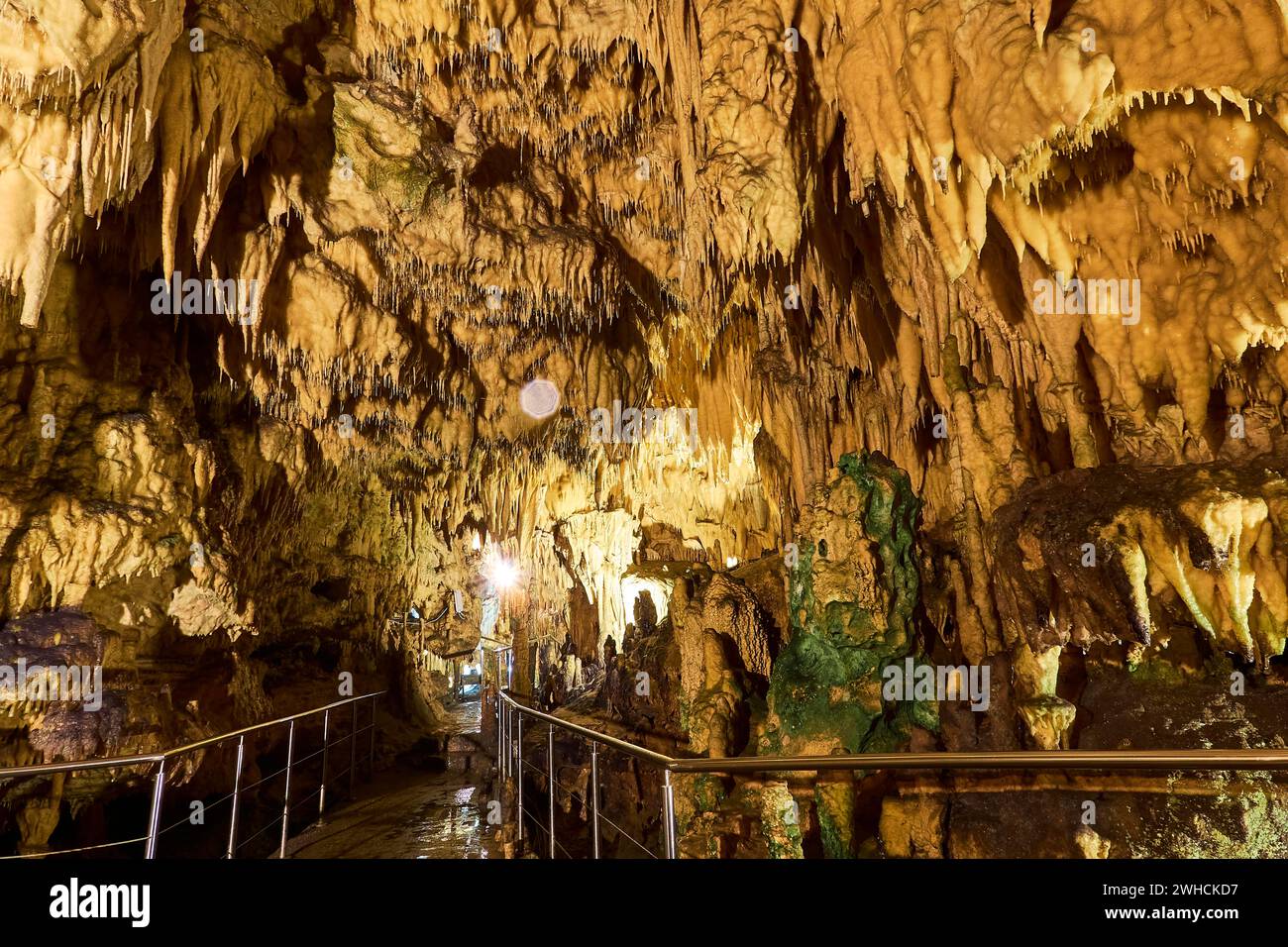Illuminated cave landscape with numerous stalactites and a path ...