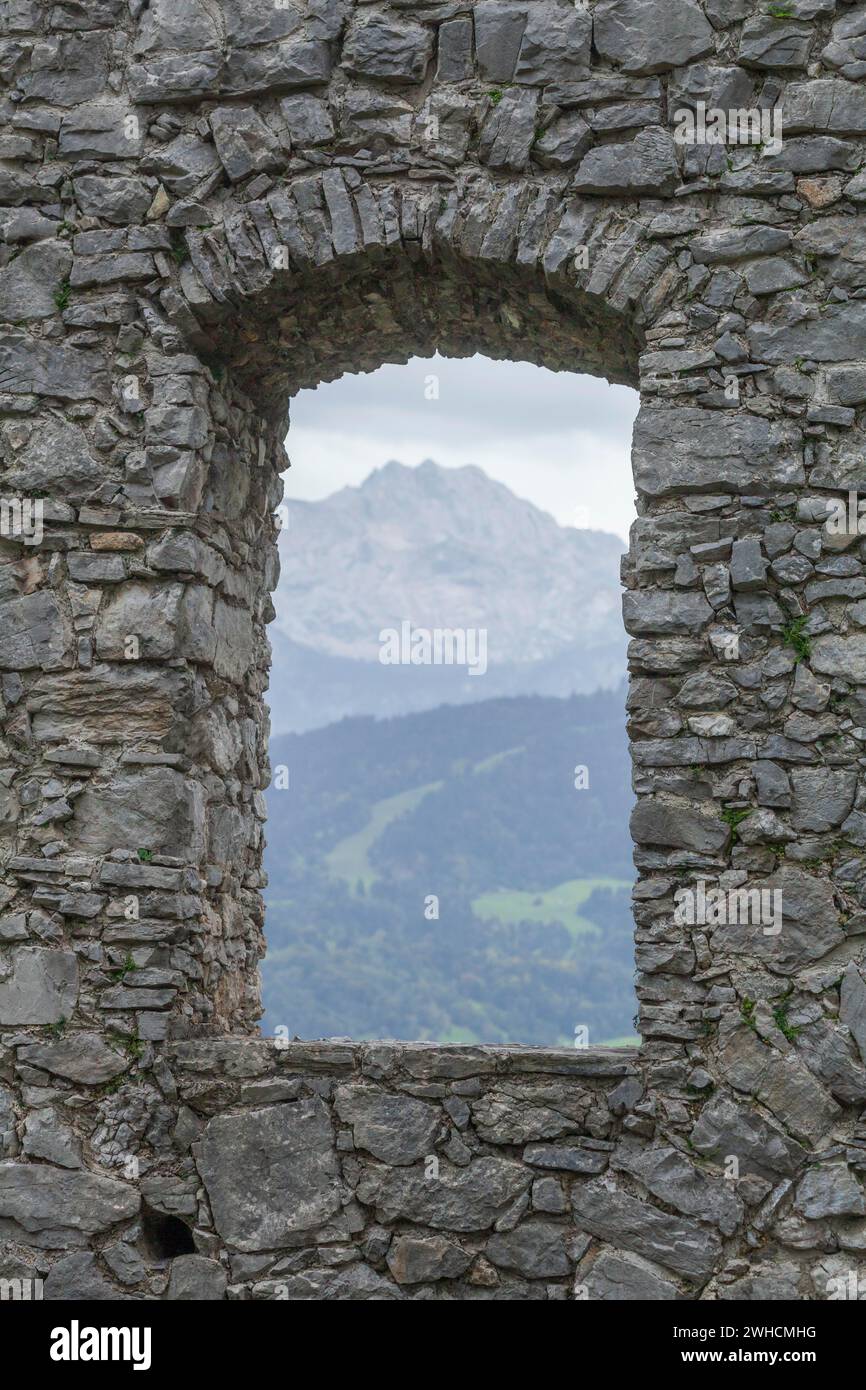 Window of the ruins of Werdenfels Castle with overcast sky, Garmisch ...