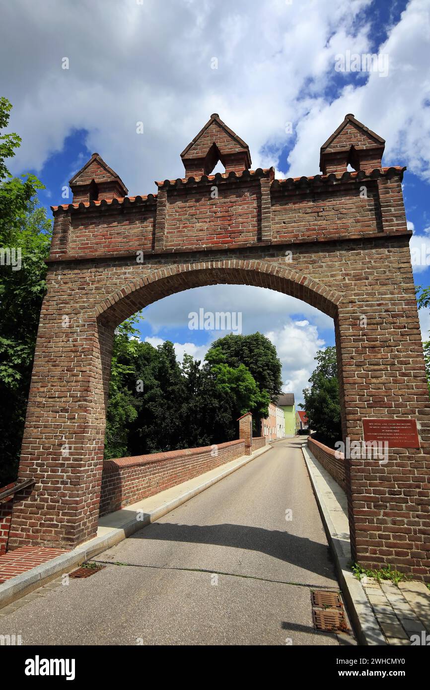 The historic old town centre of Dingolfing with a view of the bridge ...