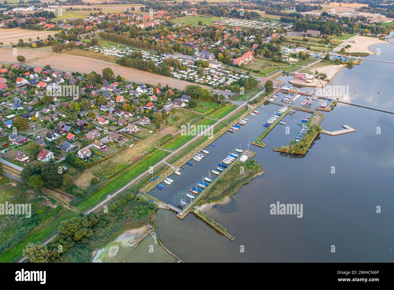 Aerial view of Lake Duemmer, nature reserve, shore, harbour, Huede ...